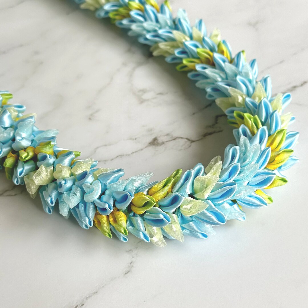 Ribbon Lei - Tropical Flower - Light Blue and Yellow Green, Hawaiian ...