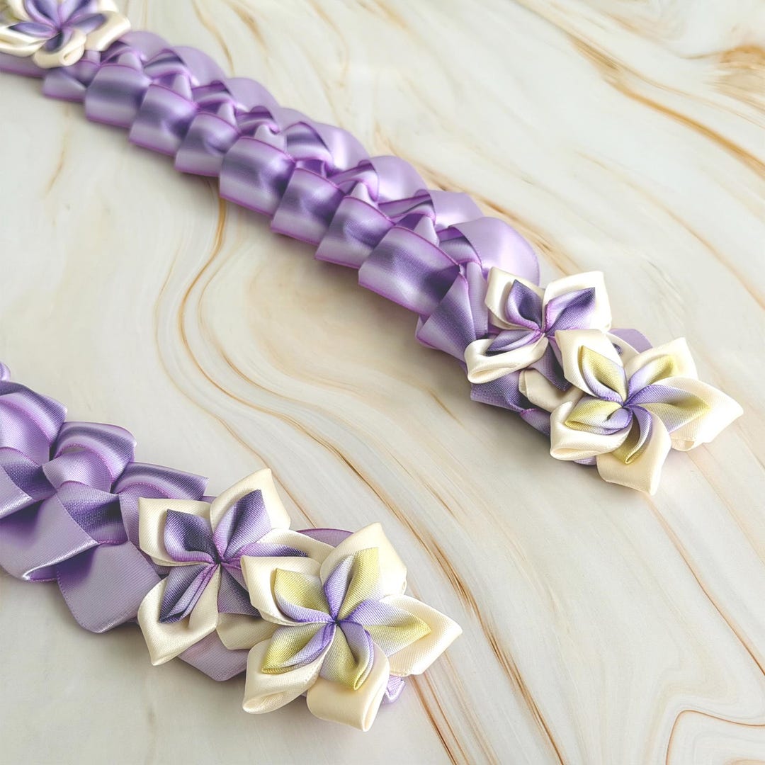Open-ended Ribbon Lei (50")- Lavender & Yellow Gradient Ribbon Lei With ...