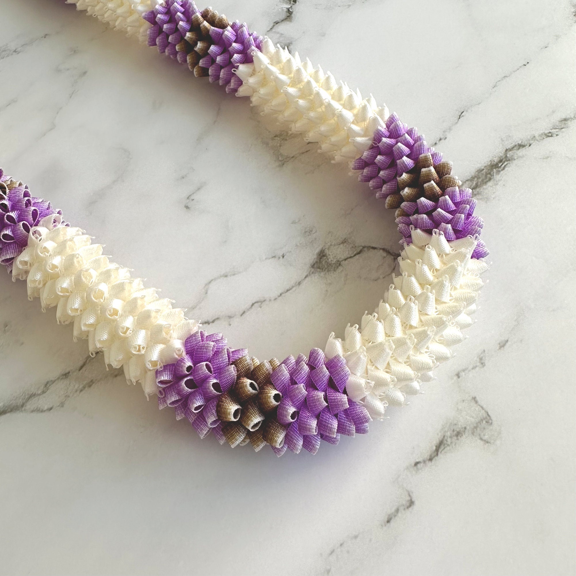 Ribbon Lei White Pikake Flower With Shell purple and Brown Hawaiian Craft, for Hula, for Hawaii ...