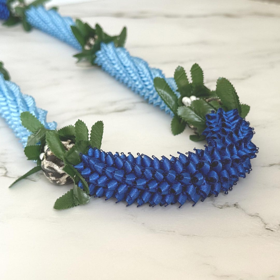 Double Color Ribbon Lei: Pikake Stitch, Kukui Nuts - Royal Blue & Blue ...