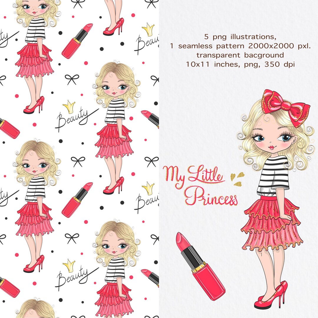 DIGITAL DOWNLOAD Girl Clipart, Cute Girl PNG, Seamless Pattern, Cartoon ...
