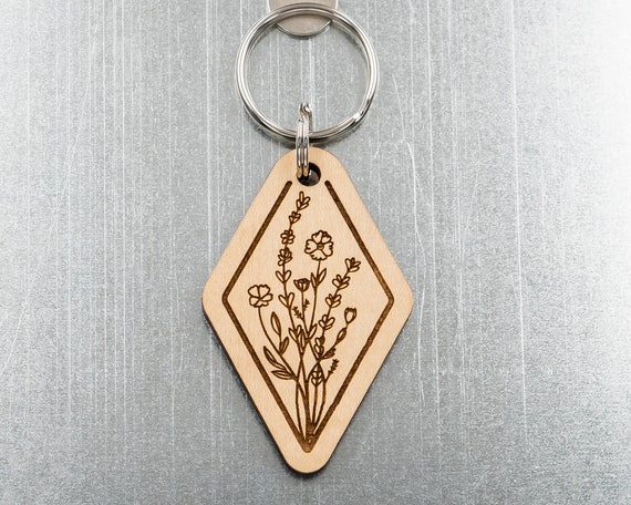 Wildflower Wood Keychain Chic Flower Design Wood Art | Etsy
