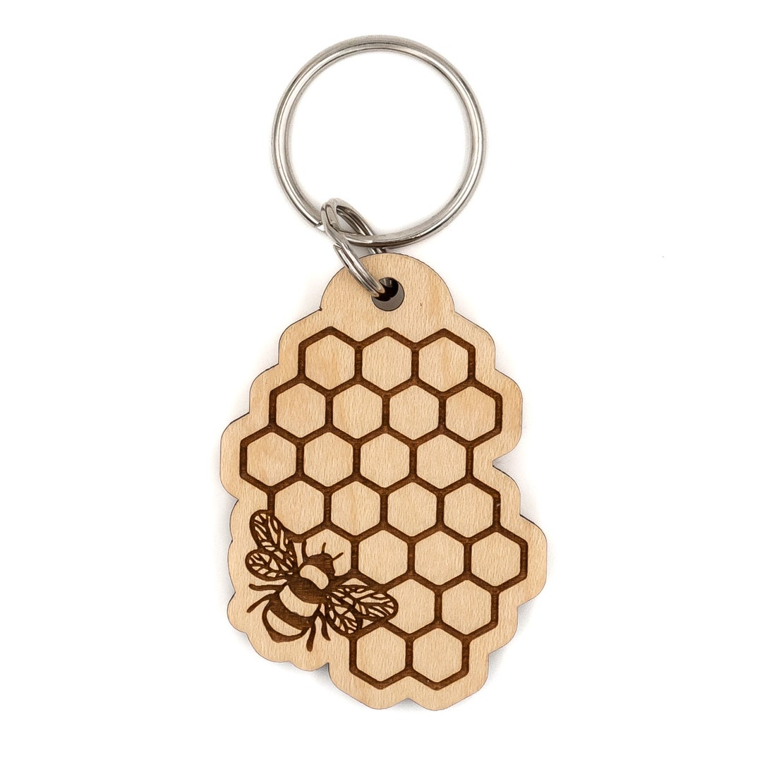 Honeycomb & Bee Keychain - Wood Keychain, Bumble Bee Buzzin on a ...