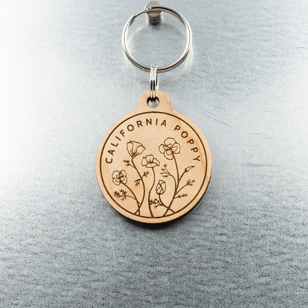 California Poppy Keychain - Engraved Wood Key Chain With Custom Flower ...