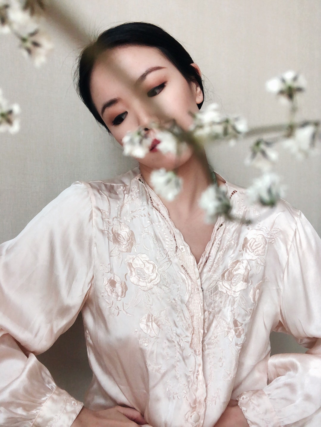 70's Soft Peach Pink Floral Embroidered Pure Silk Satin Blouse/ Baby Pink Chinese Silk ...