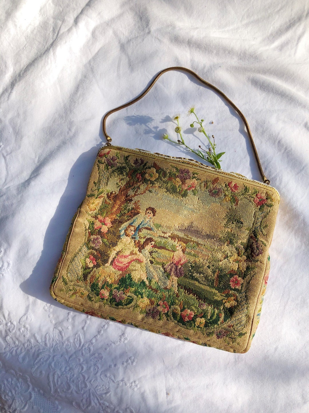 Vintage 1930s French Petit Point Girl Picnic Scenery Floral Needlepoint ...