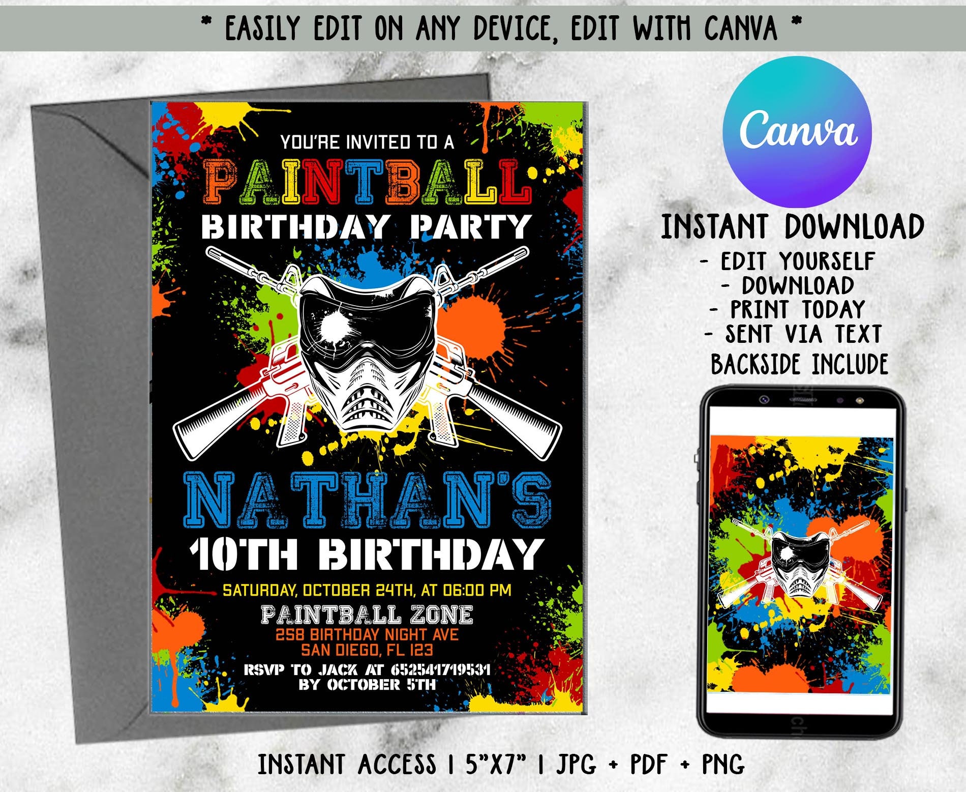 Paintball Birthday Invitation, Paintball Invitation, Paintball Party ...
