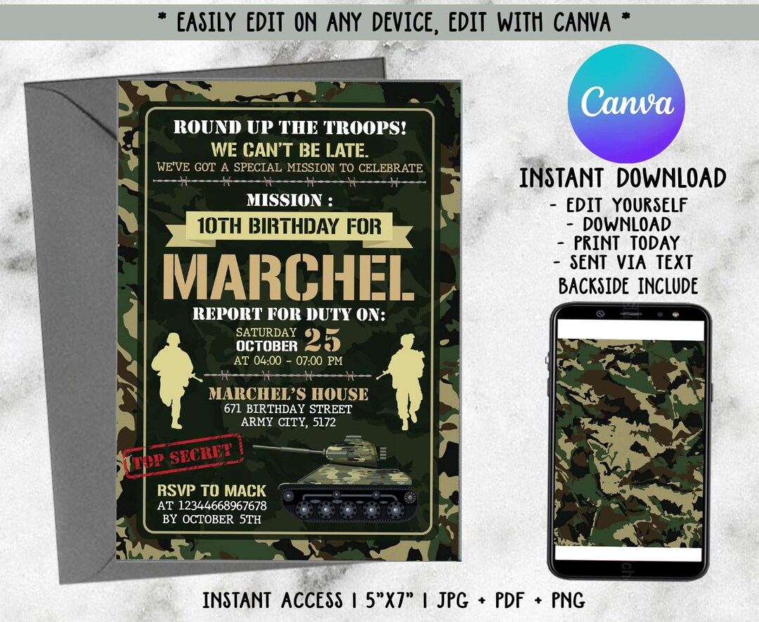 Editable Army Invitation, Army Birthday Invitation, Military Invitation ...