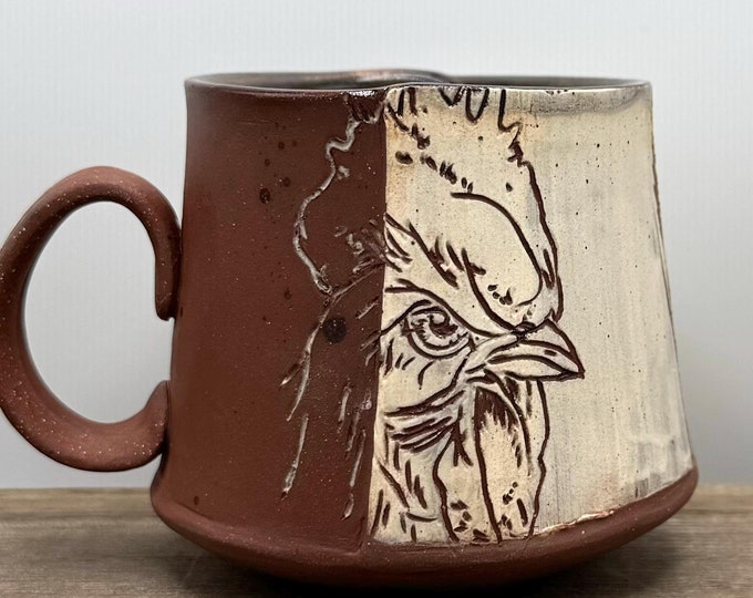 10oz Rooster Mug, Two Toned White and Dark Brick Red Sgraffito ...