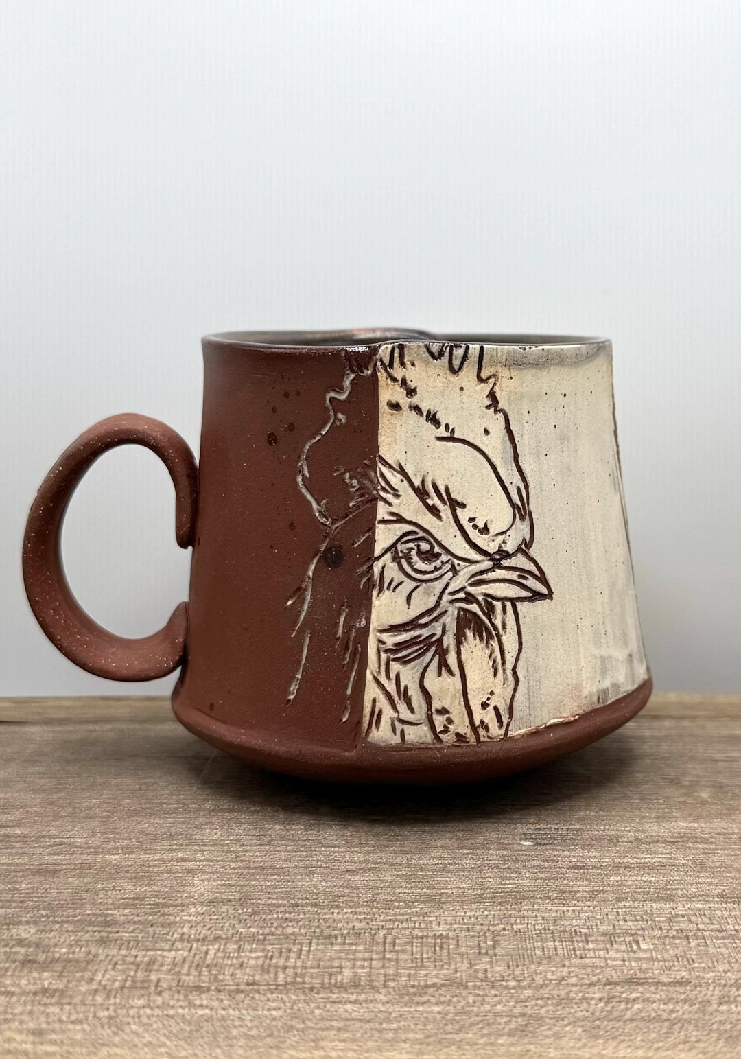 10oz Rooster Mug, Two Toned White and Dark Brick Red Sgraffito ...