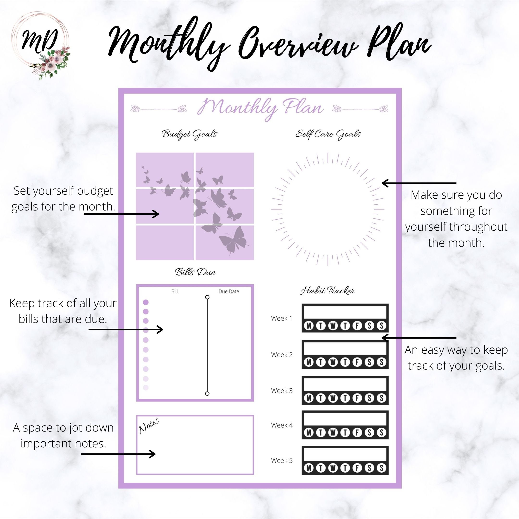 Monthly Overview organisation instant download printable in 5 | Etsy