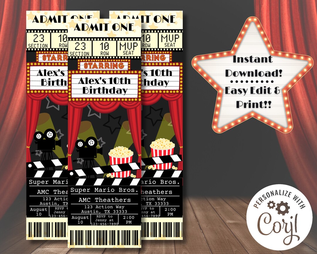 Movie Birthday Ticket Invitation, Movie Birthday Invite Ticket, Movie ...