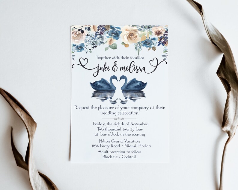 Printable Wedding Invitation Elegant Wedding Template Blue Swan Bundle ...