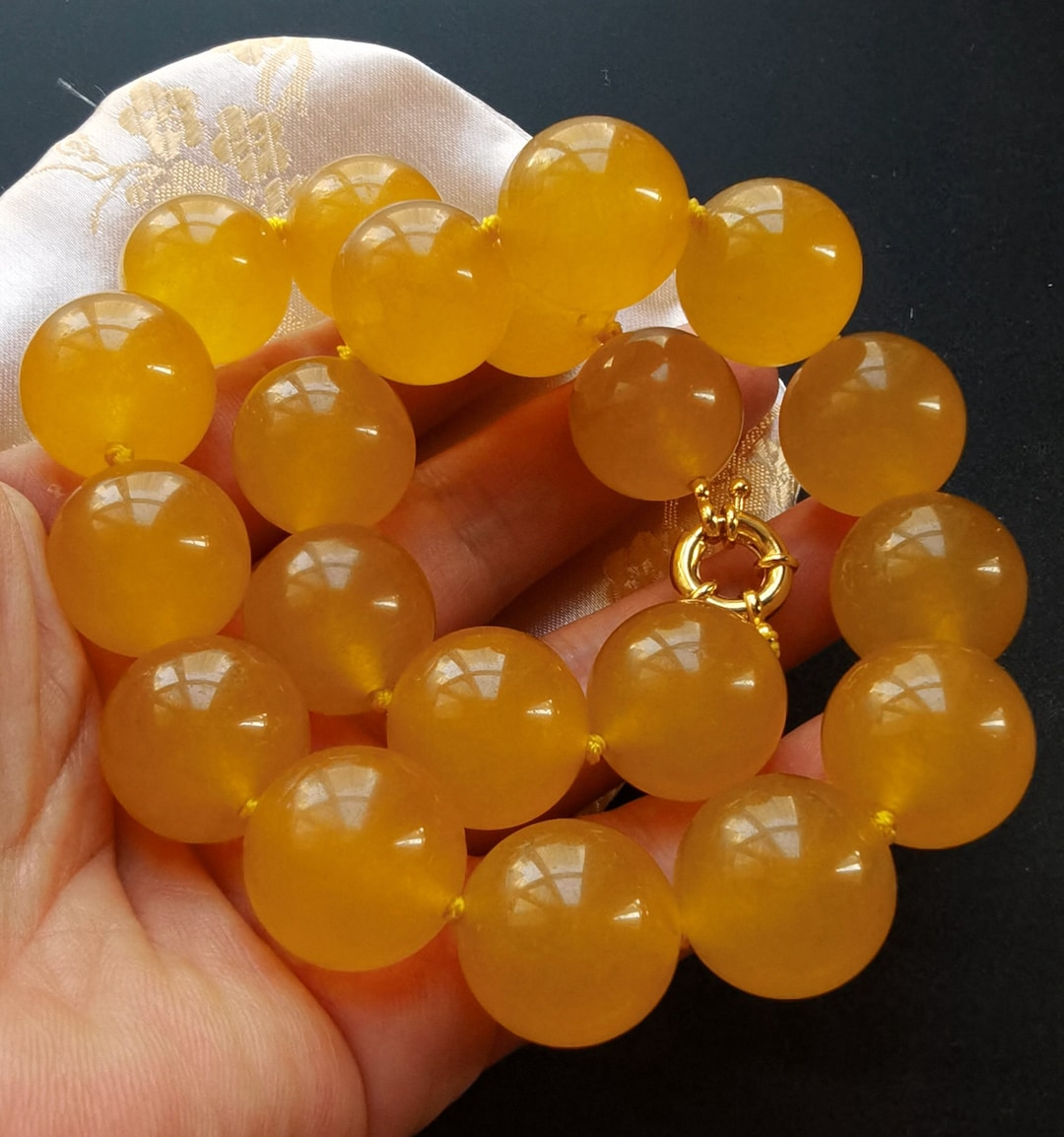 Large Round Yellow Jade Stone Chunky Beaded Necklace,16"-35" ,16mm/18mm ...