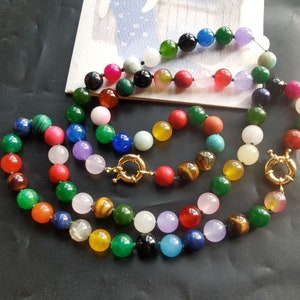 8mm-12mm Round Rainbow Jade Chunky Gemstone Beaded Knotted Necklace,16 ...