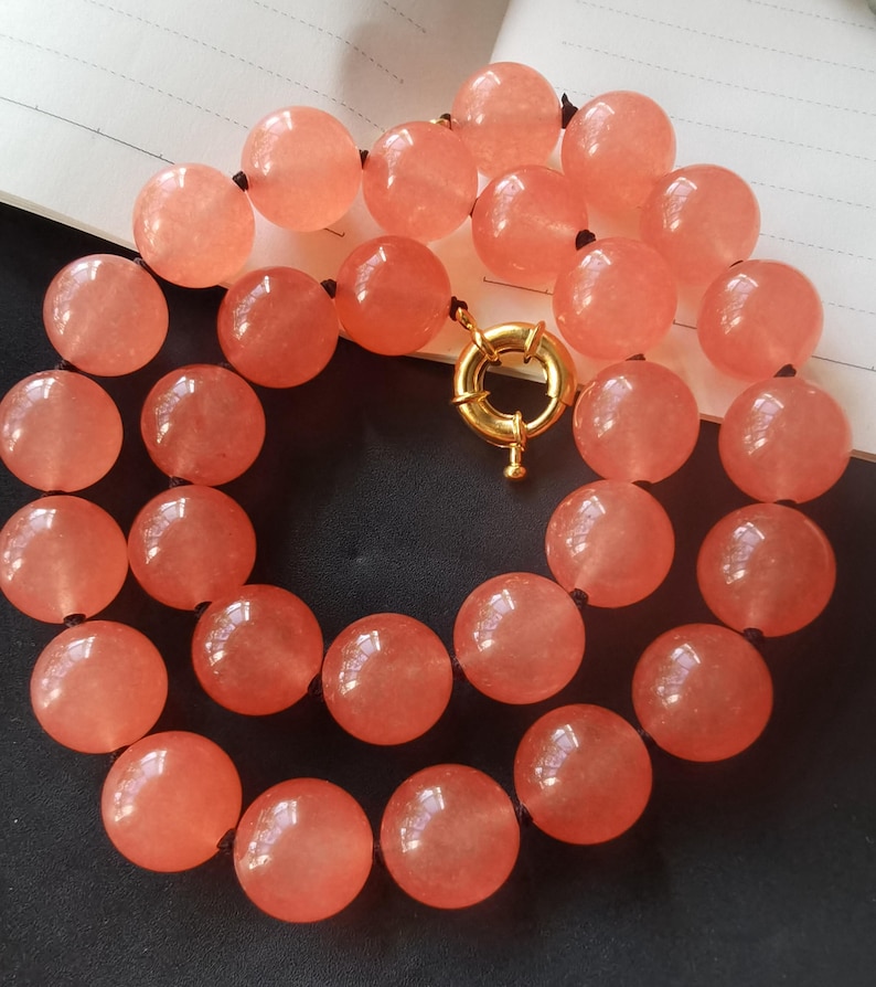 Pink Orange Jade Chunky Beaded Necklace, Knotted Statement Jewelry - Etsy