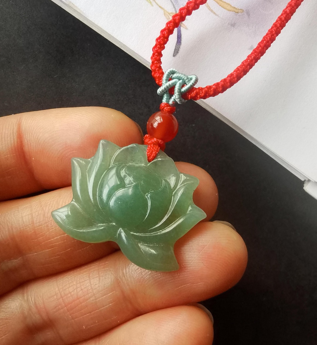 Lotus Flower Carving Natural Green Jade Stone Pendant,green Rope ...
