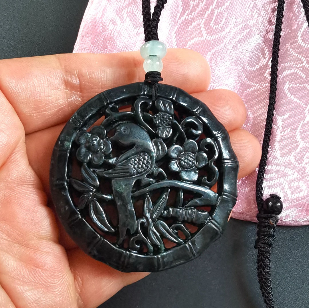 Bird Flower Branch Jade Pendant,rope Adjustable Necklace,carved Black ...