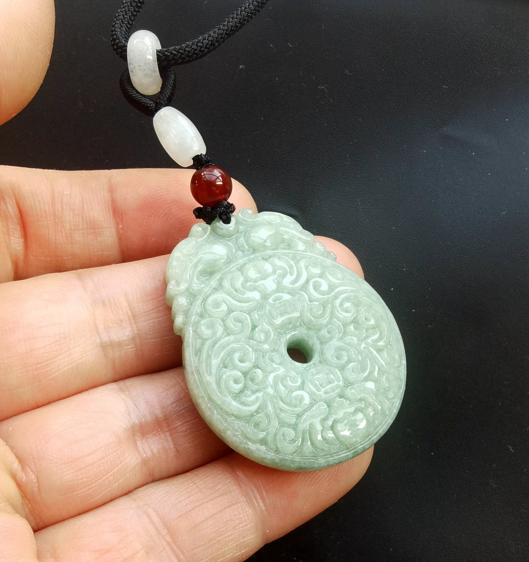 Certified,love Bat Flower "花开富贵" Carved A Natural Green Jadeite Jade ...