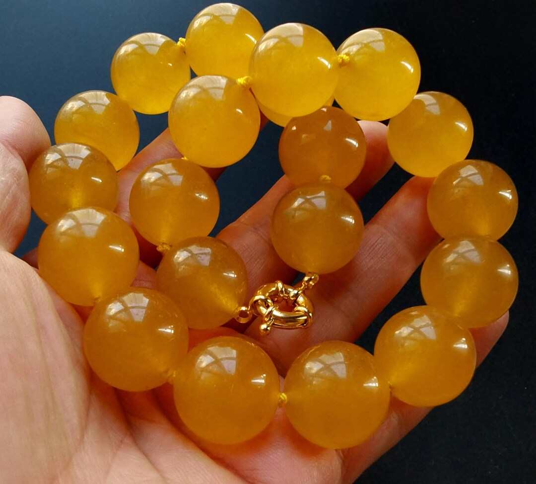 Charm Round Yellow Jade Stone Chunky Beaded Necklace,16"-35" ,12mm/14mm ...