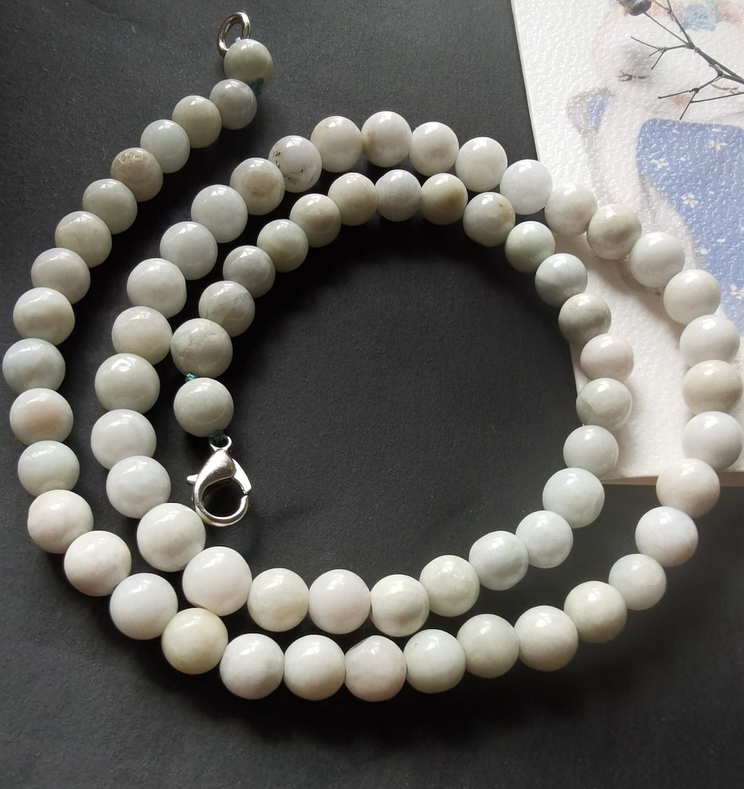 Round Natural Burma White Jadeite Jade Stone Perle Beaded Necklace ...