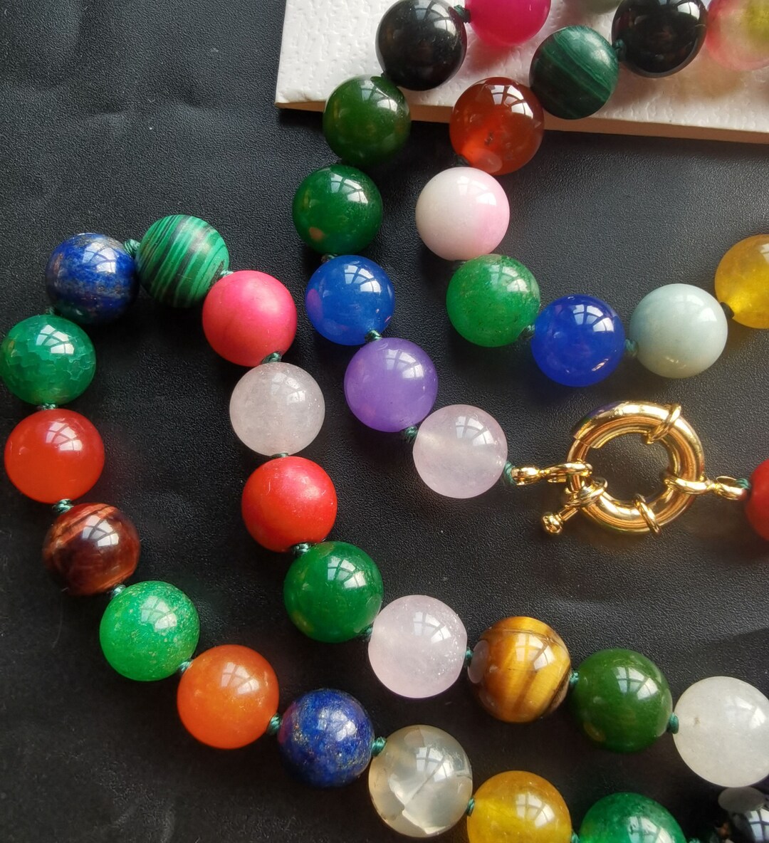 8mm-12mm Round Rainbow Jade Chunky Gemstone Beaded Knotted Necklace,16 ...