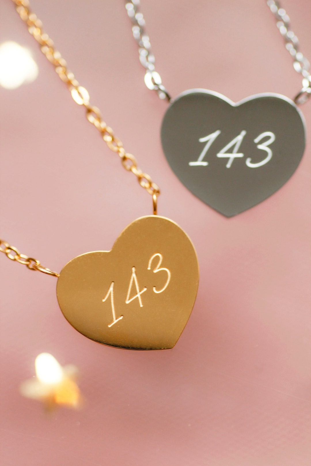 143 Necklace/ 16" Chain Necklace, Heart Pendant, Gold, Silver, Dainty ...