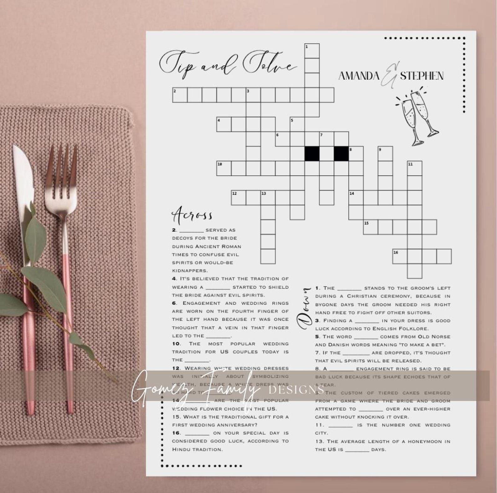 Individual Sip and Solve Wedding Crossword Puzzle Template Pre-filled ...