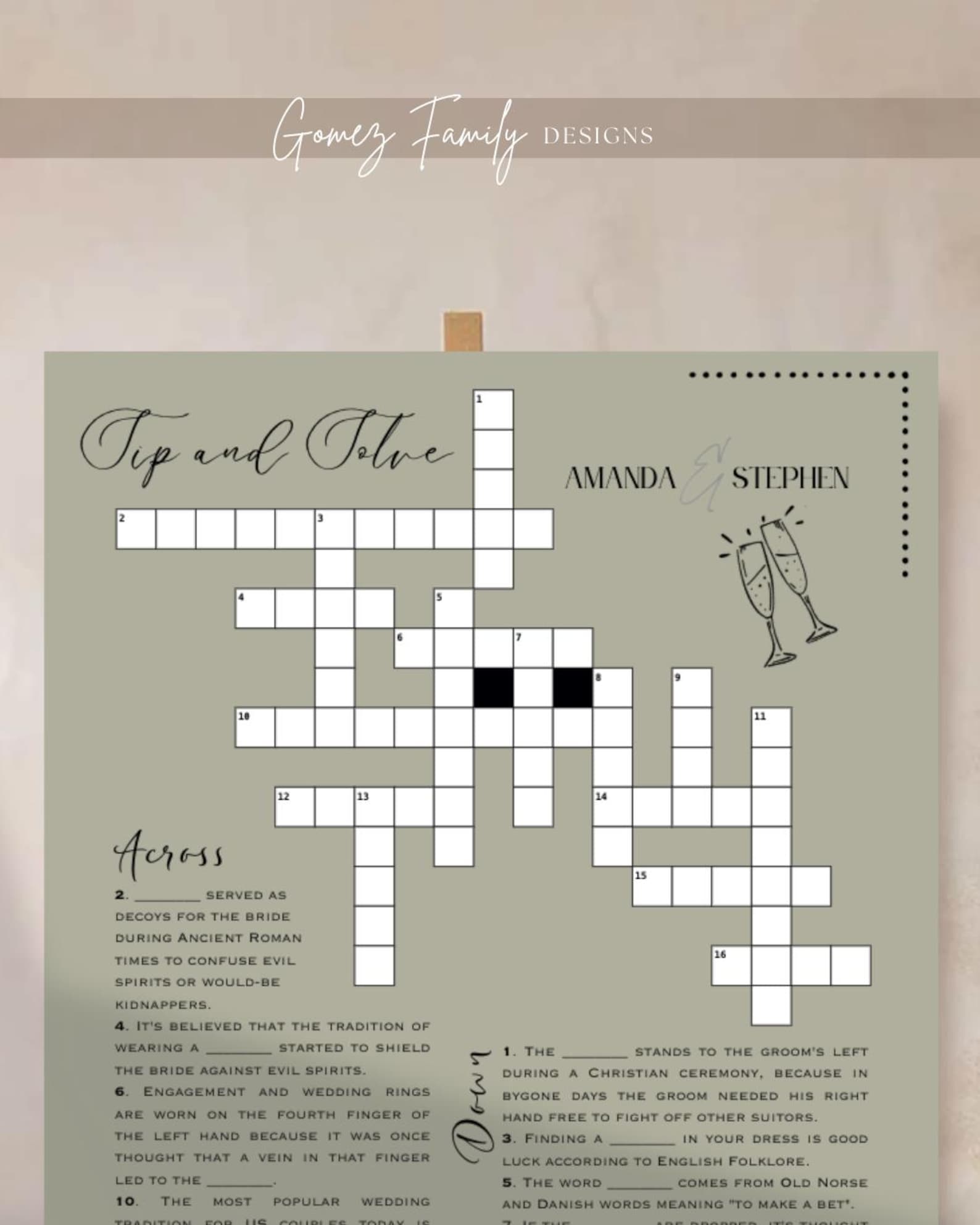 Individual Sip and Solve Wedding Crossword Puzzle Template Pre-filled ...