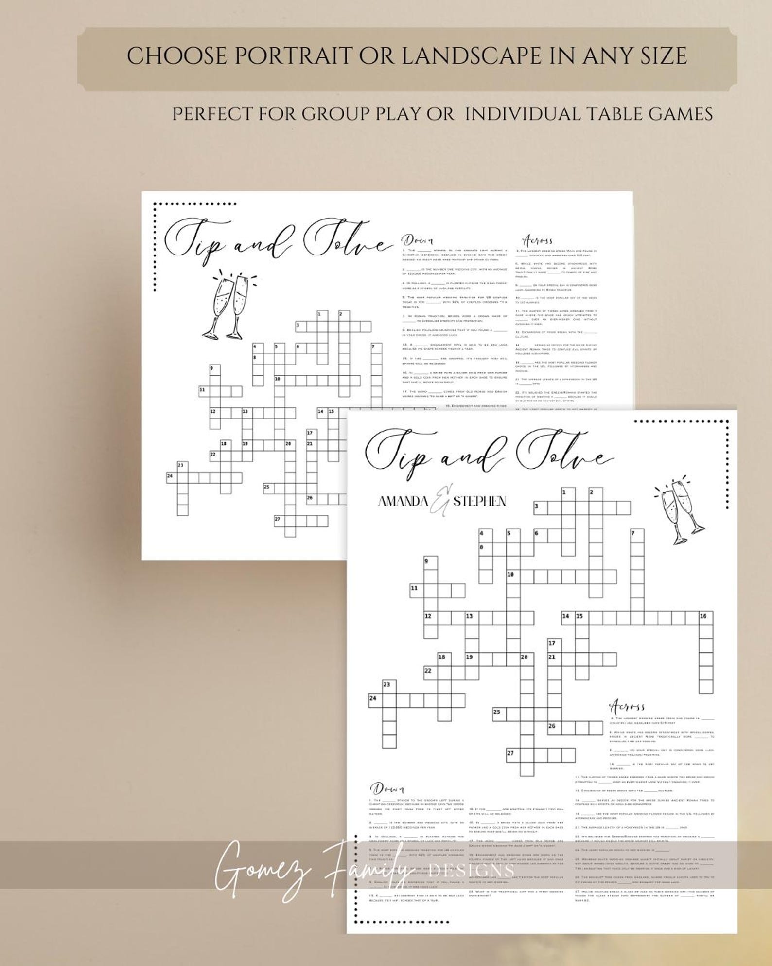 Any Size Custom Sip and Solve Wedding Crossword Puzzle Template Any ...