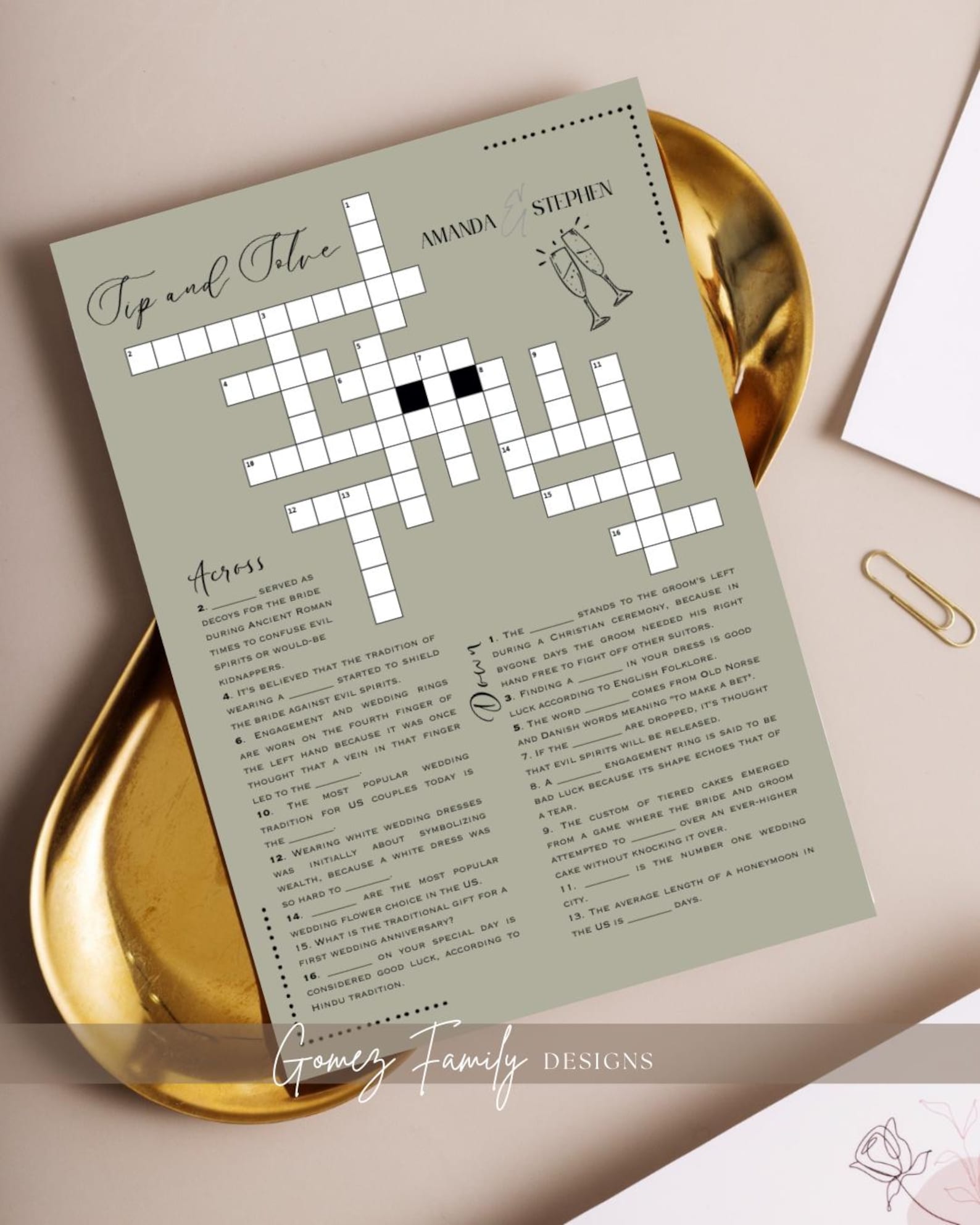 Individual Sip and Solve Wedding Crossword Puzzle Template Pre-filled ...