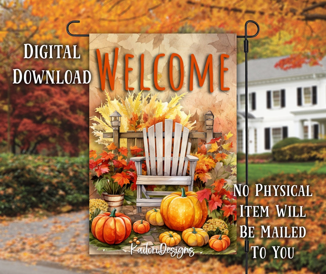 Welcome Fall Adirondack Chair and Pumpkins Scene Garden Flag ...