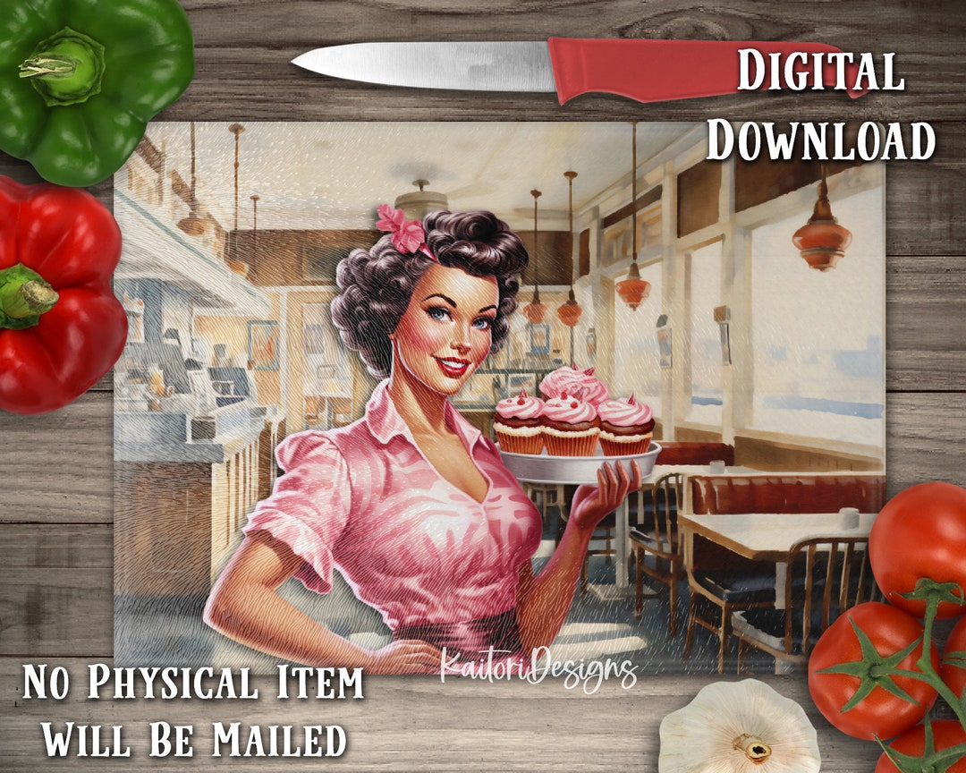 Retro Cafe Cupcake Waitress Girl Cutting Board Sublimation Design ...
