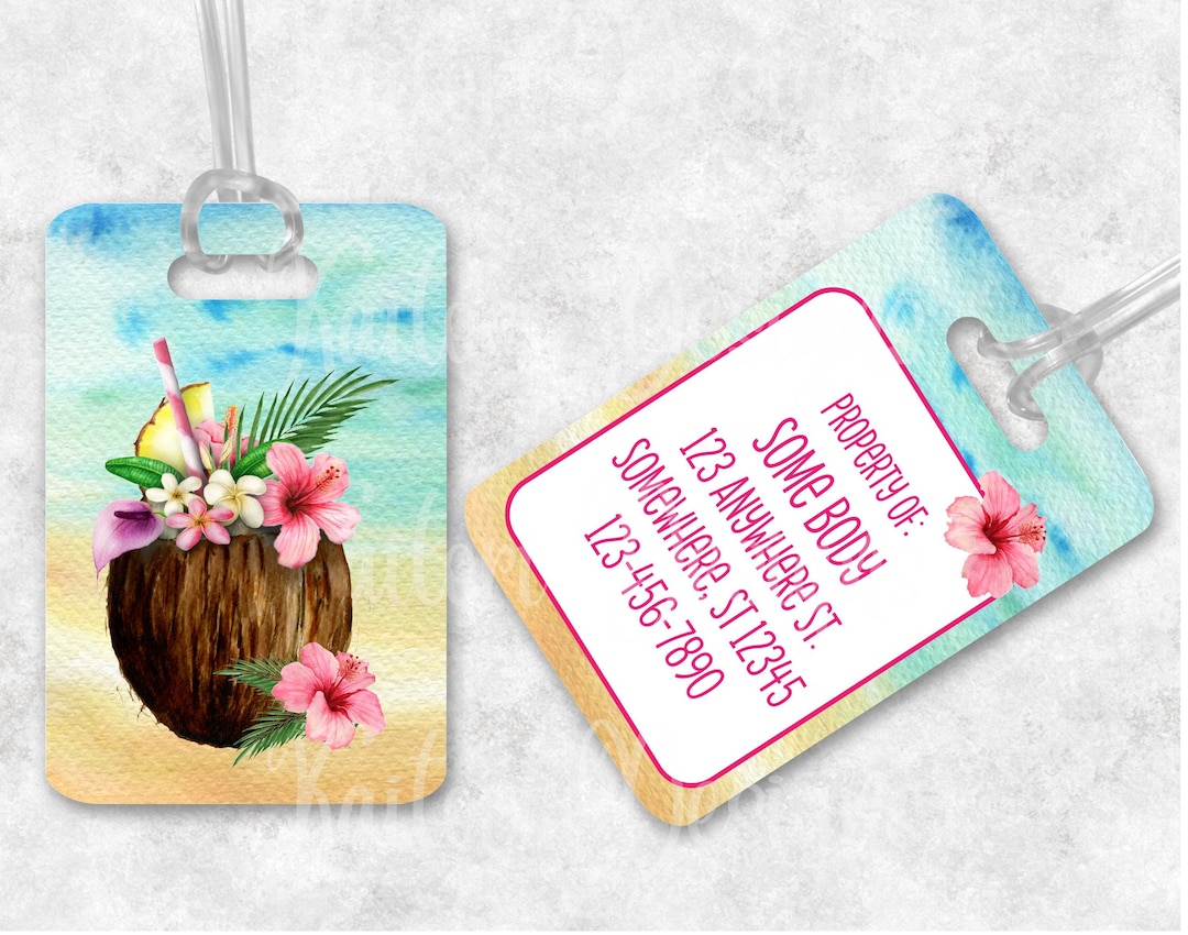 Watercolor Coconut Cocktail Luggage Tag Sublimation Design Template - Etsy