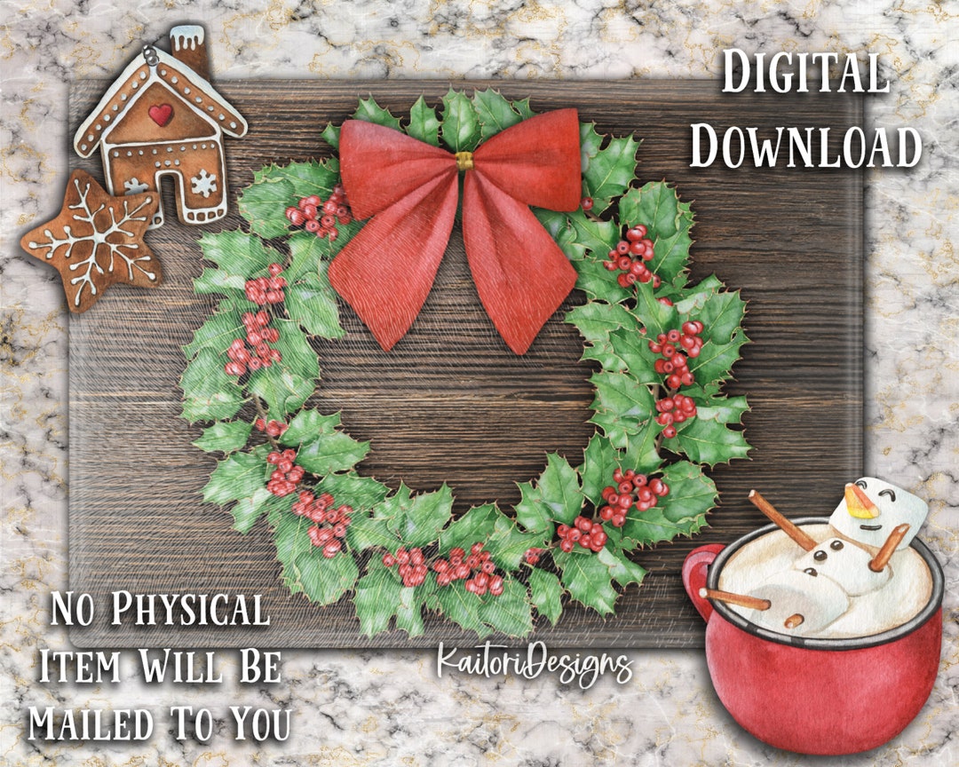 Christmas Holly Wreath on Dark Wood Cutting Board Sublimation Design ...