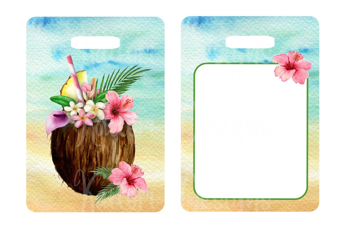 Watercolor Coconut Cocktail Luggage Tag Sublimation Design Template - Etsy