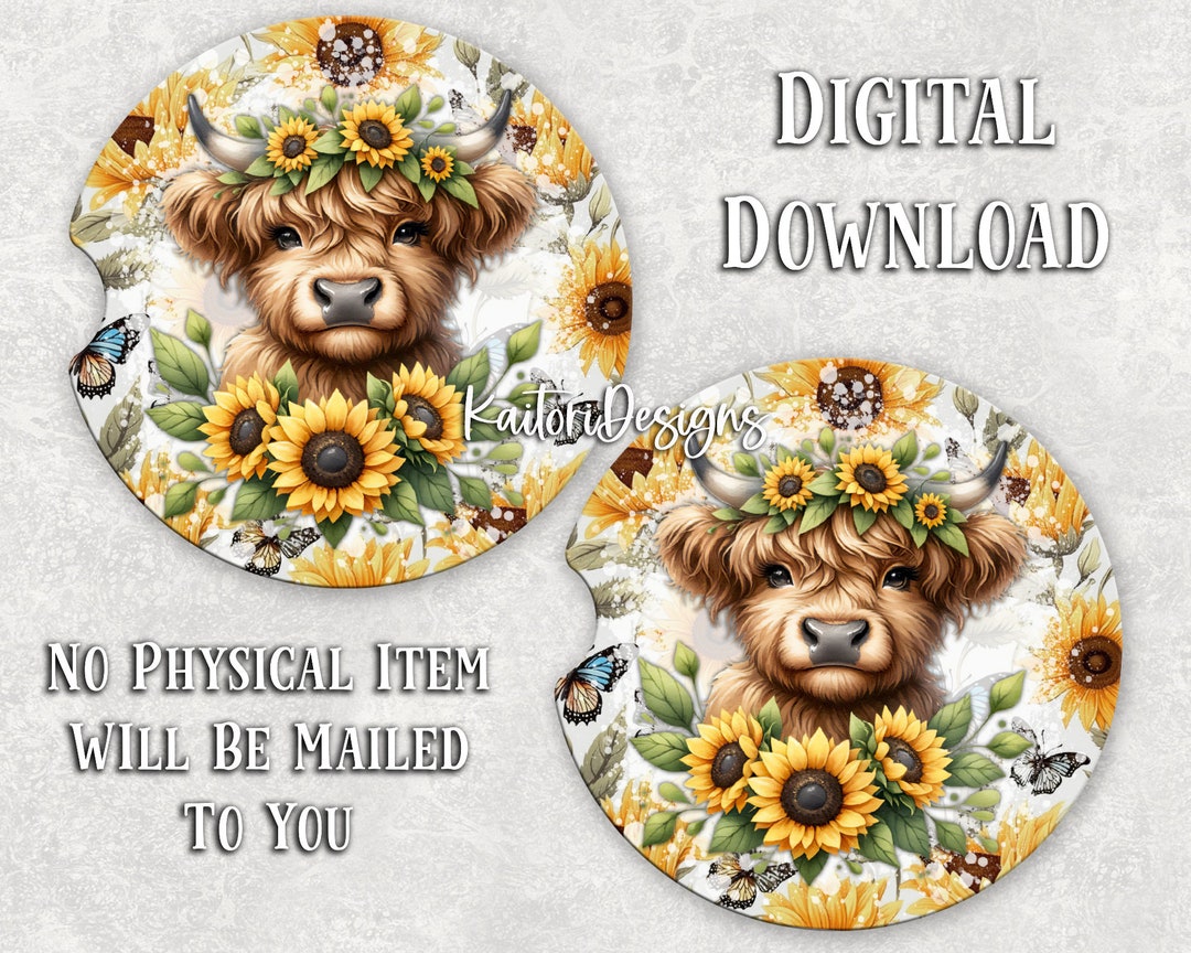 Highland Cow Sunflowers Car Coaster Sublimation Design Template ...