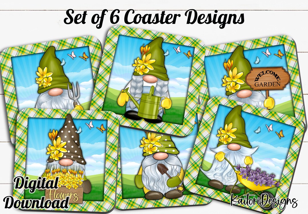 Spring Garden Gnomes Coaster Sublimation Design Templates Bundle-set of ...