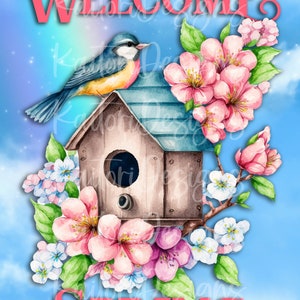 Welcome Spring Blue Bird House Spring Garden Flag Sublimation Design ...