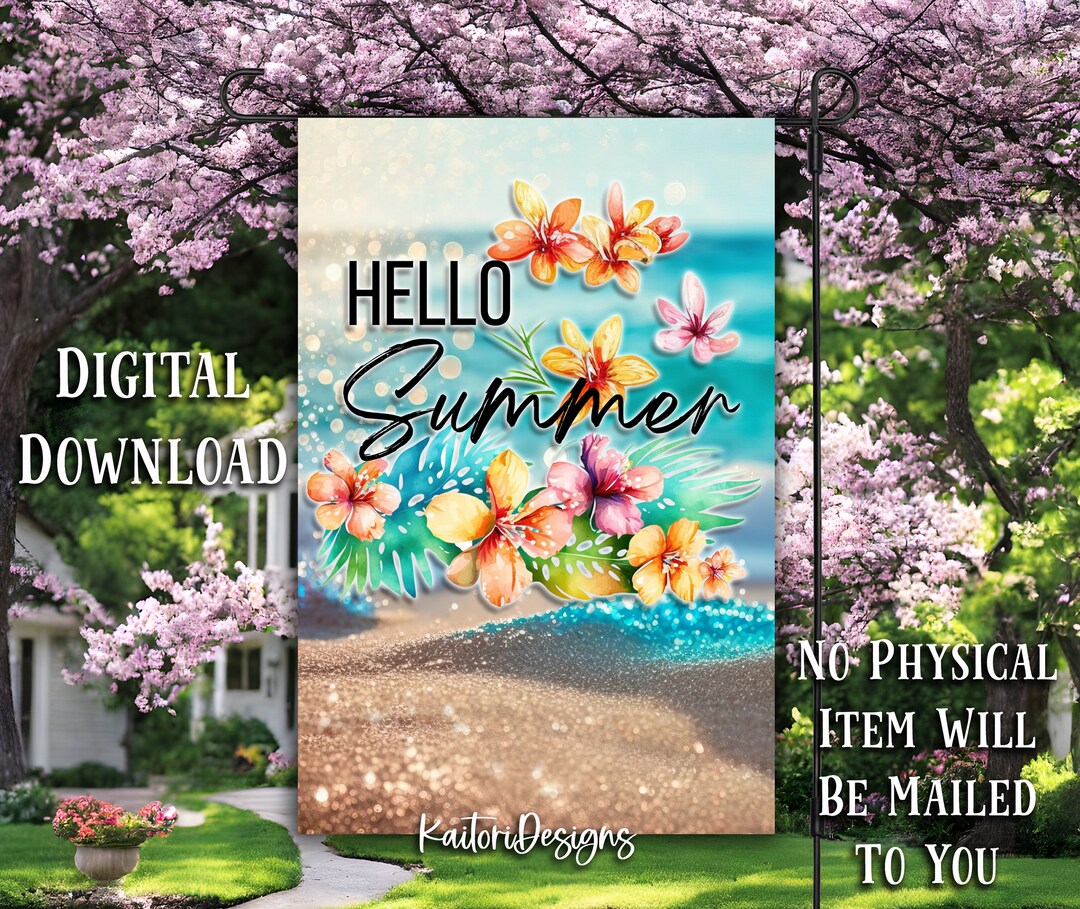 Hello Summer Hibiscus Flower Beach Garden Flag Sublimation Design ...