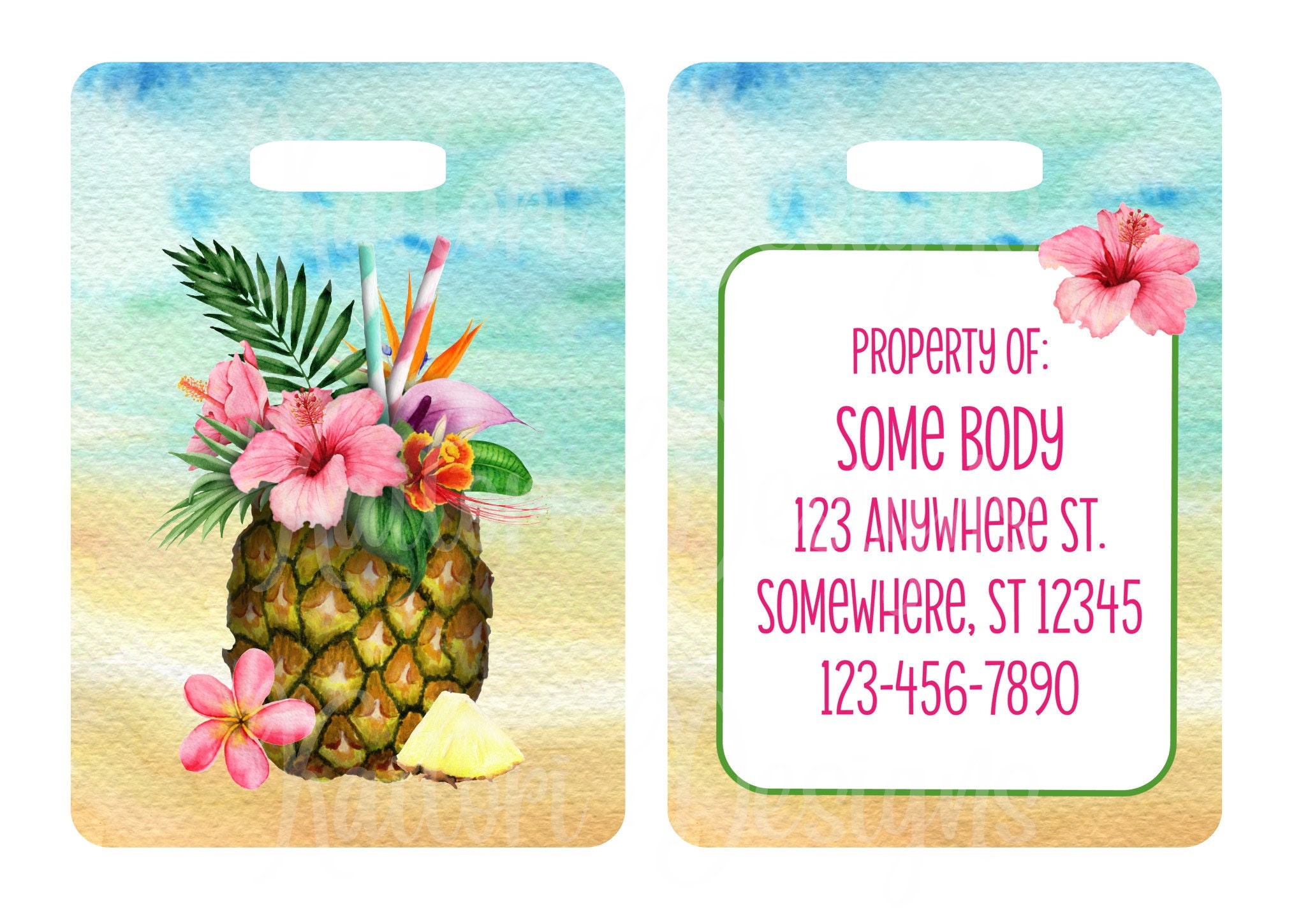 Watercolor Pineapple Cocktail Luggage Tag Sublimation Design - Etsy