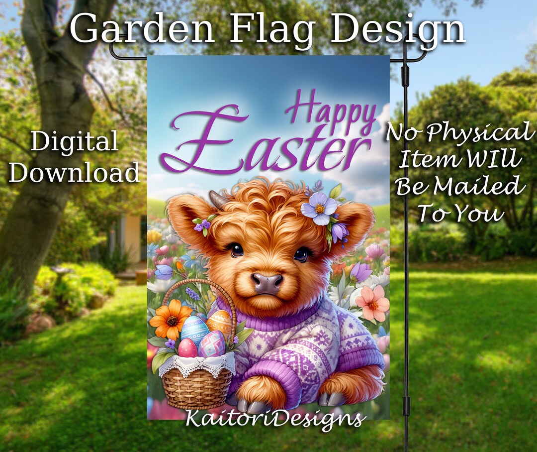 Happy Easter Highland Cow Easter Garden Flag Sublimation Design-digital ...