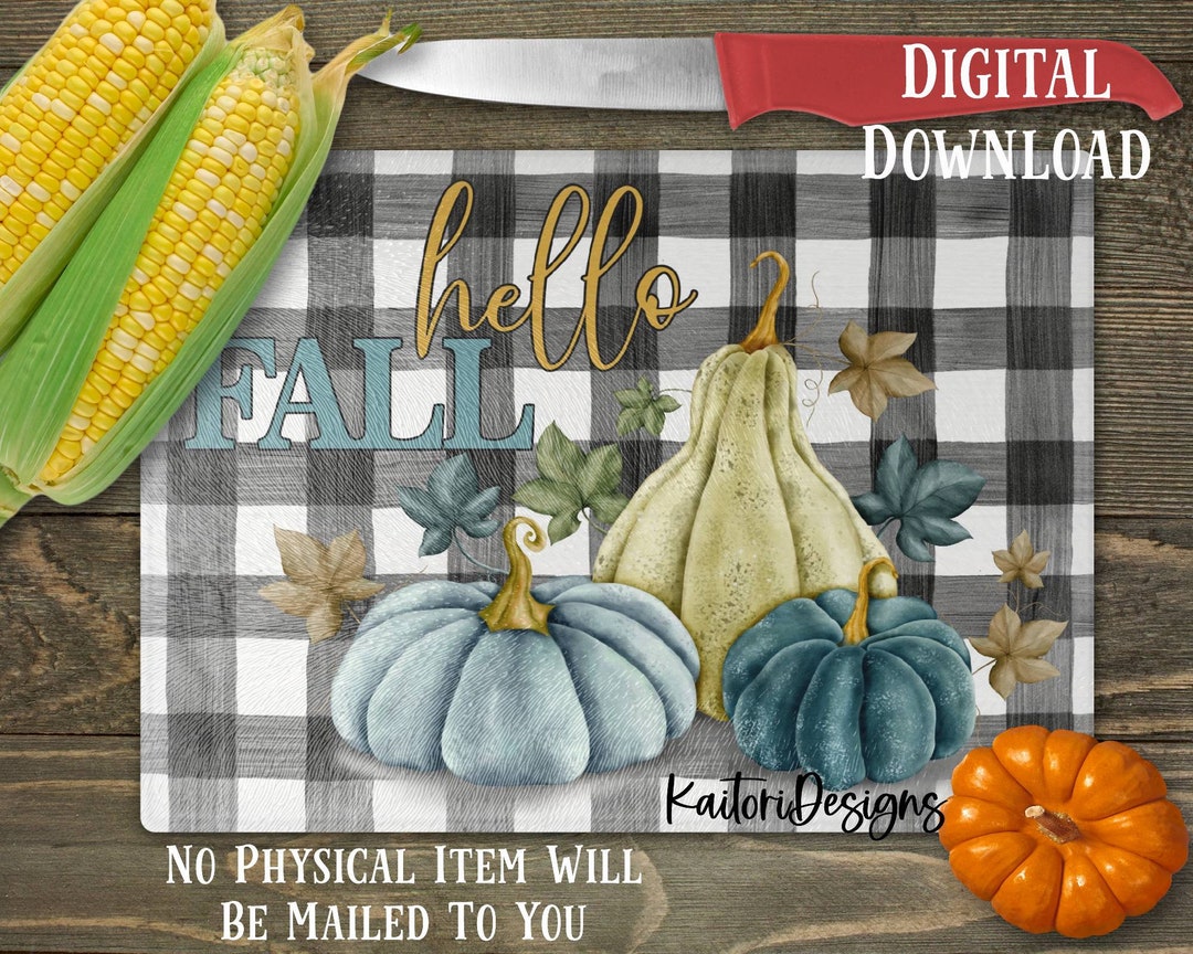 Hello Fall Buffalo Check Blue Harvest Pumpkins Cutting Board ...