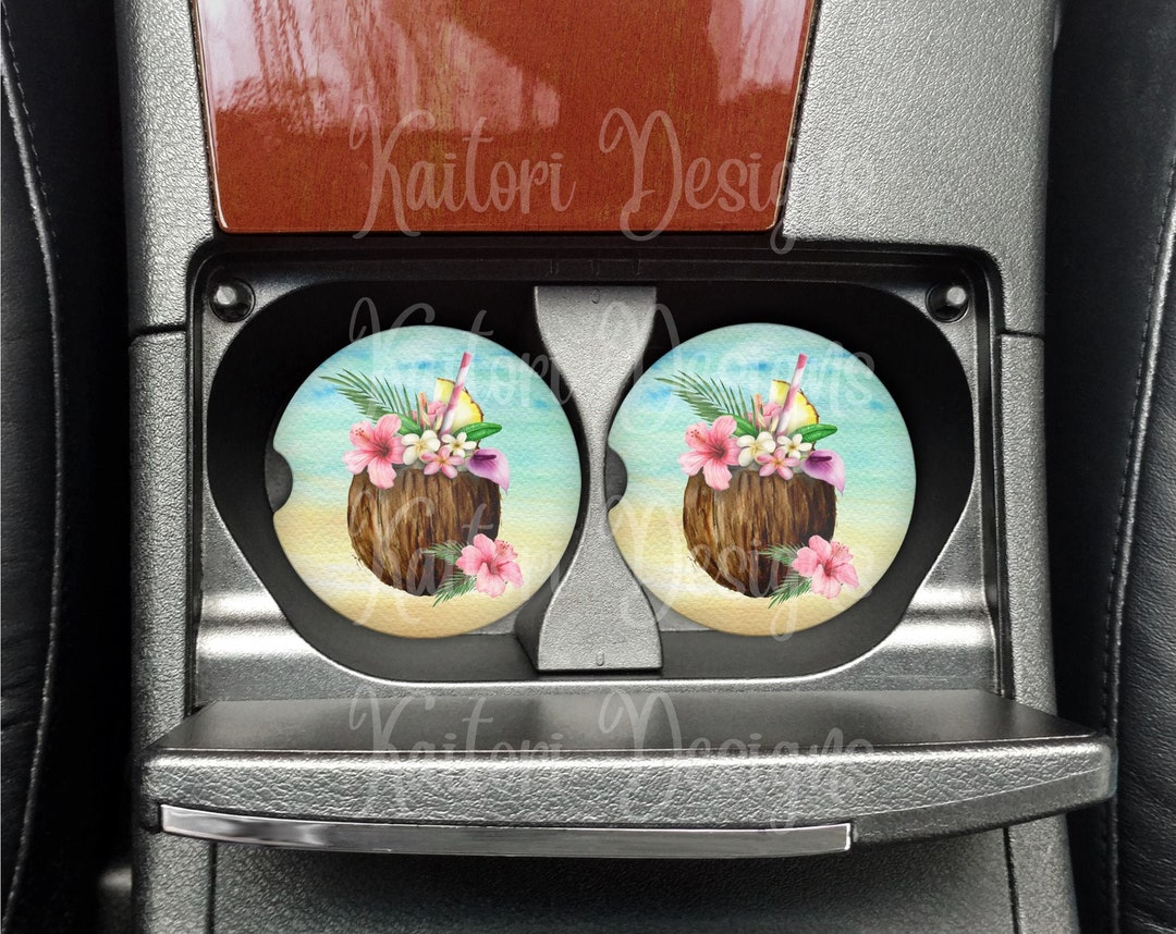 Watercolor Coconut Cocktail on the Beach Car Coaster Sublimation Design ...