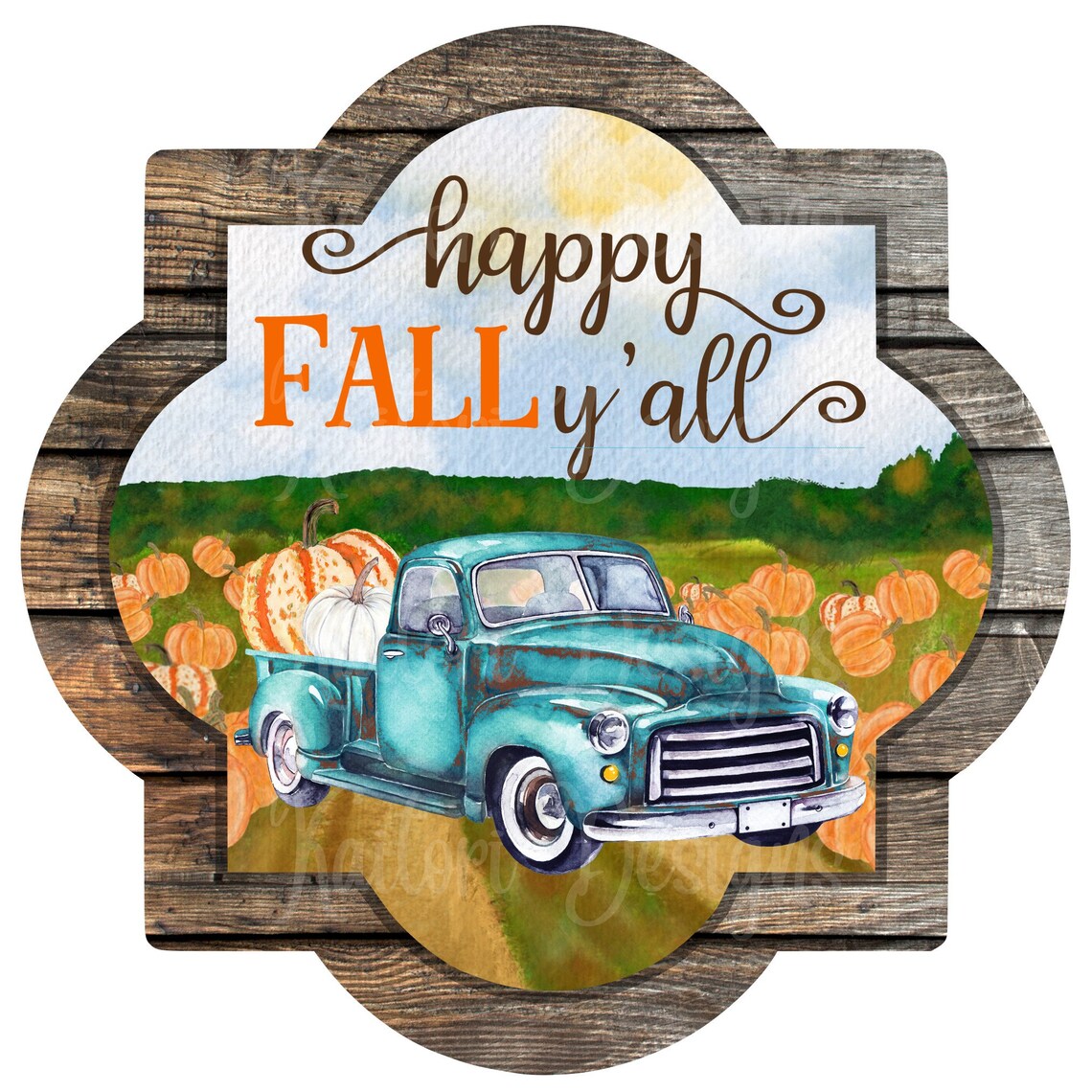 Happy Fall Y'all Blue Truck in Pumpkin Field Quatrefoil - Etsy