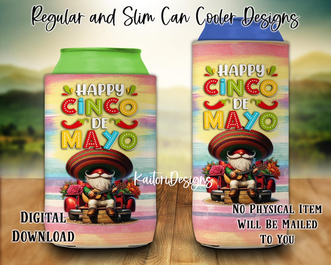 Happy Cinco De Mayo Gnome Playing Guitar Regular and Slim Can Cooler ...