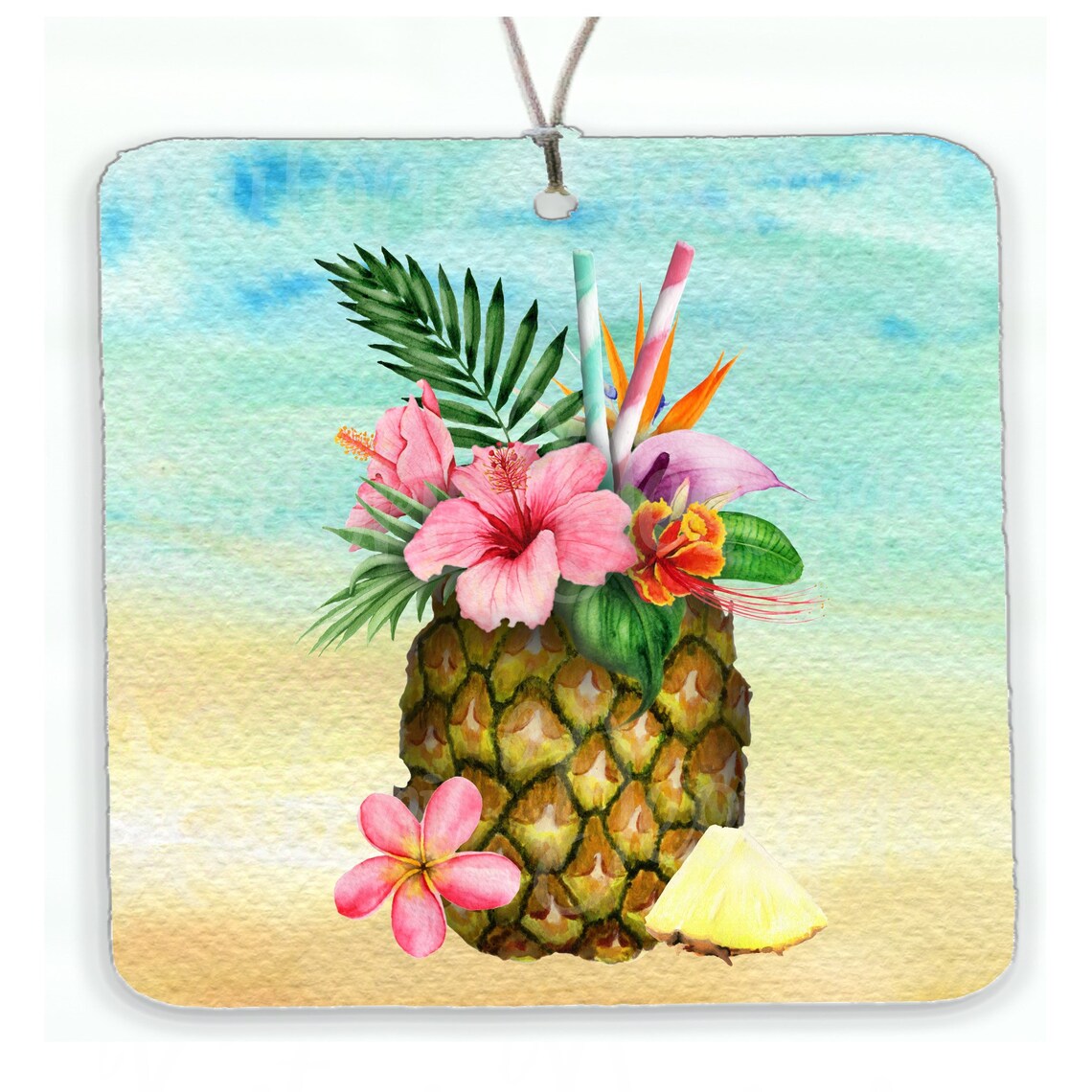 Watercolor Pineapple Cocktail Drink on the Beach Rectangular and Square ...