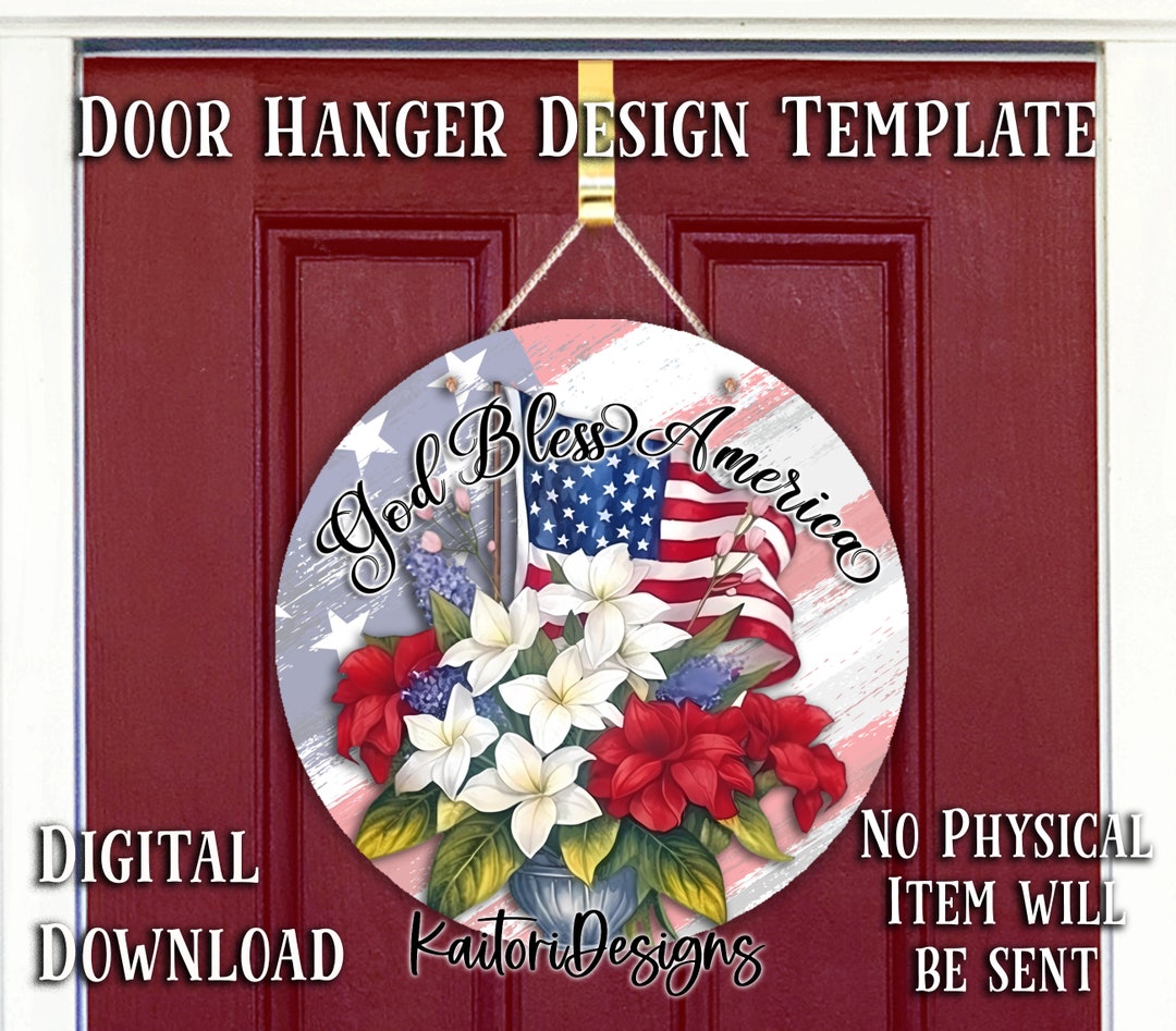 God Bless America Flag Bouquet Round Door Hanger Sublimation Design ...