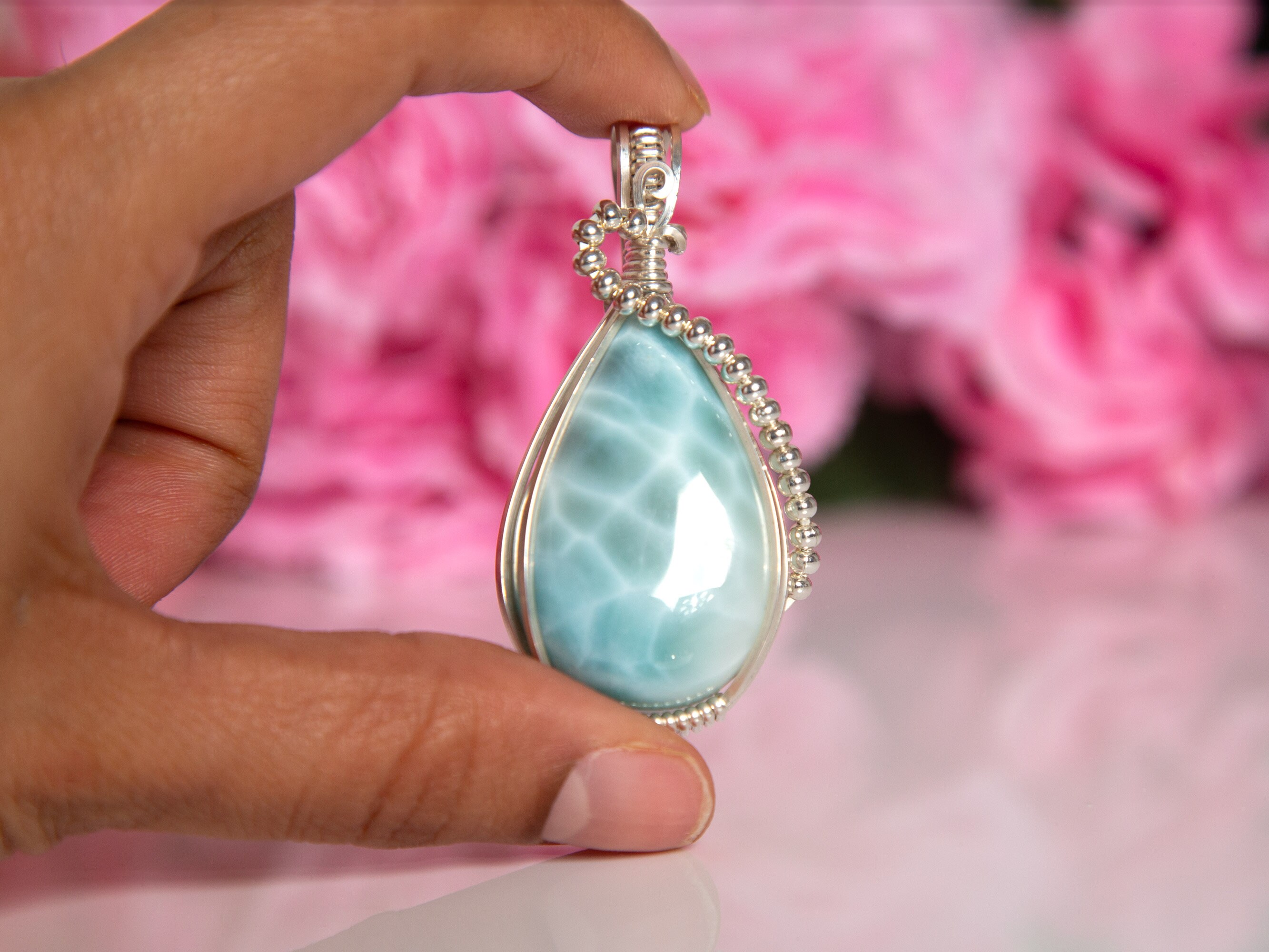 Wire Wrapped Silver Larimar Pendant, AAAA Larimar, High Quality Larimar ...