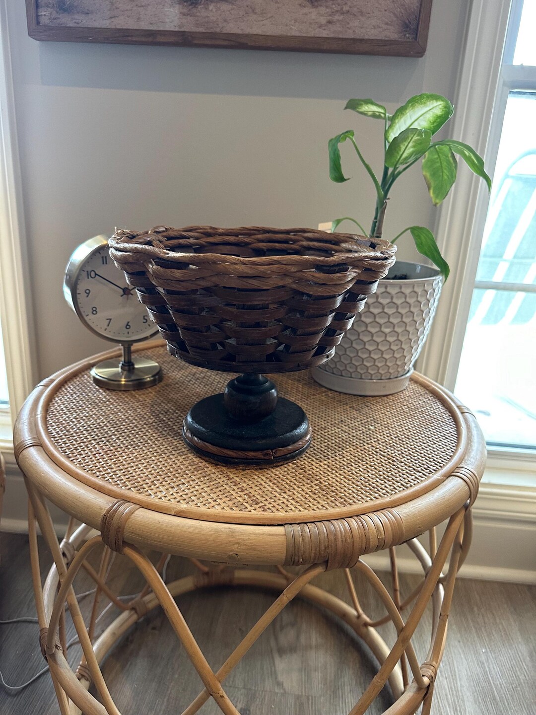 Woven Wicker Pedestal Basket With Wooden Base - Etsy